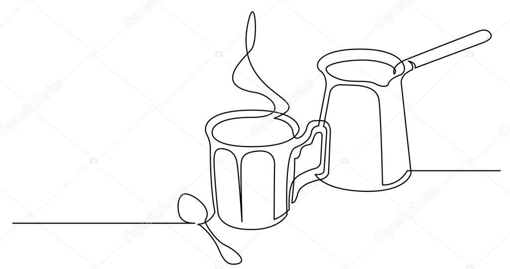 Dibujo en línea continua de la taza de café caliente y jezva tradicional turco Vector de Stock ...