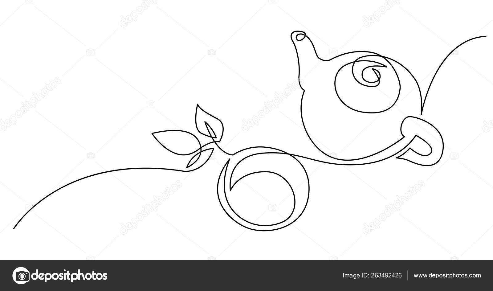 Continuous line drawing of tea pot with tea leaves and cup Stock Vector ...