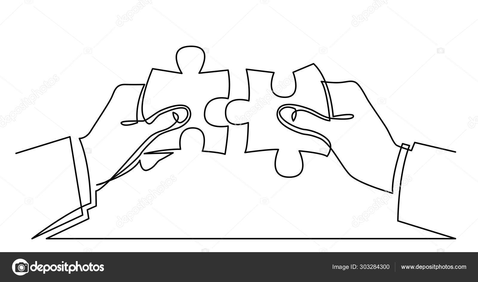 Continuous line drawing of businessman hands connecting puzzle pieces ...