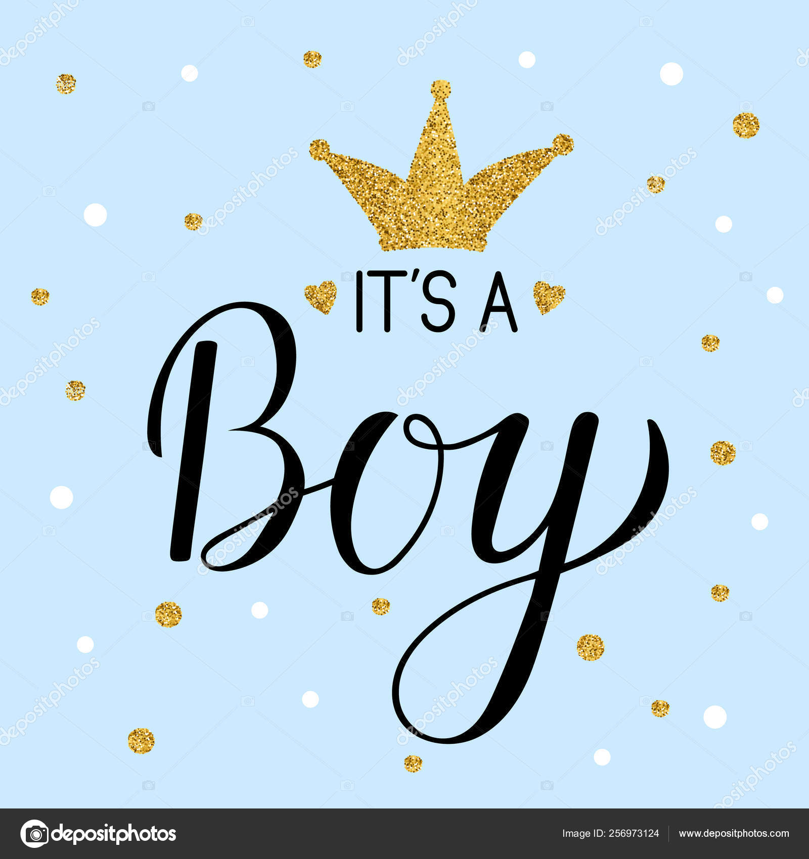 It's a Boy calligraphy lettering with gold textured crown and confetti ...