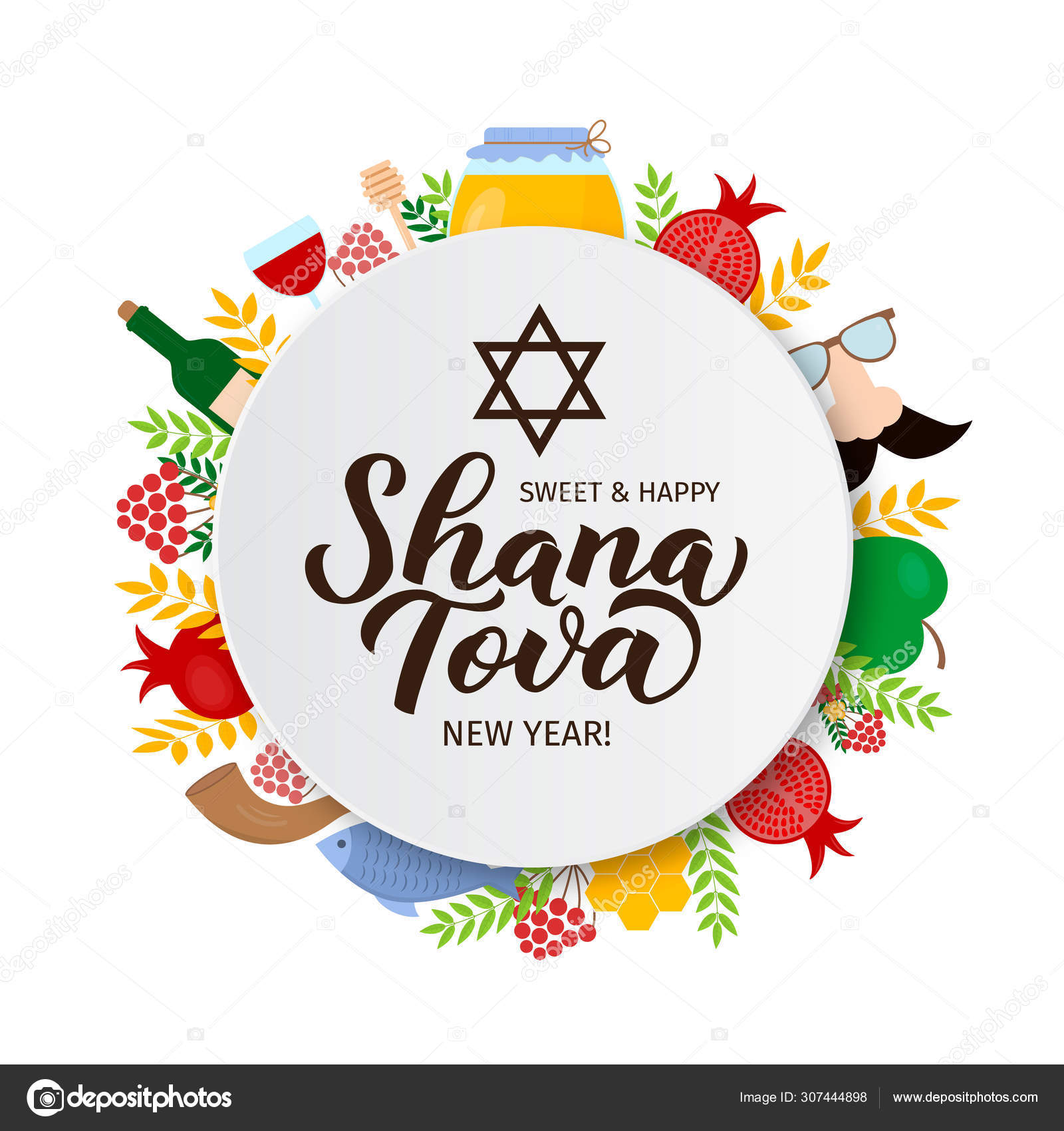Shana Tova calligraphy hand lettering with traditional symbols of Rosh ...