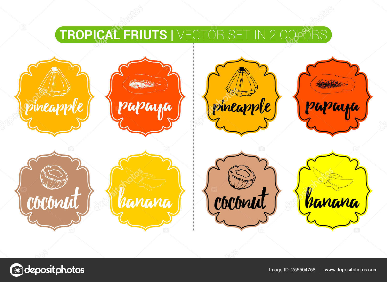 Tropical Fruits Colorful Labels Vector Set Brown Yellow Orange Red ...