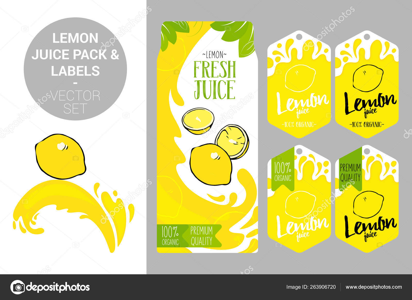Cartoon Lemon Juice Splash Lemon Juice Pack Organic Fruit Labels Stock ...