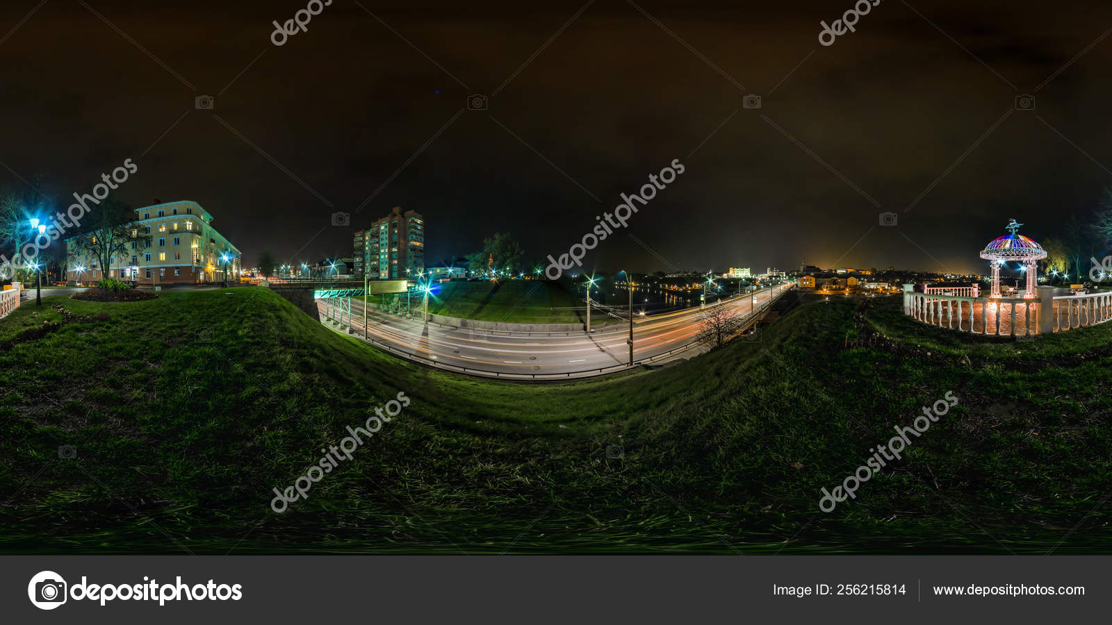 Full seamless spherical night panorama 360 degrees angle view on street ...