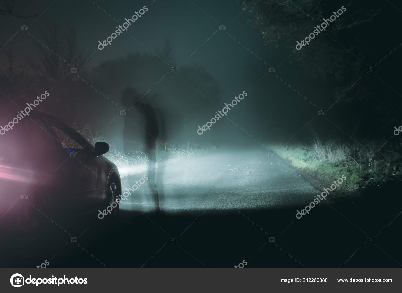 Ghostly Silhouetted Hooded Figure Standing Car Night Spooky Country ...