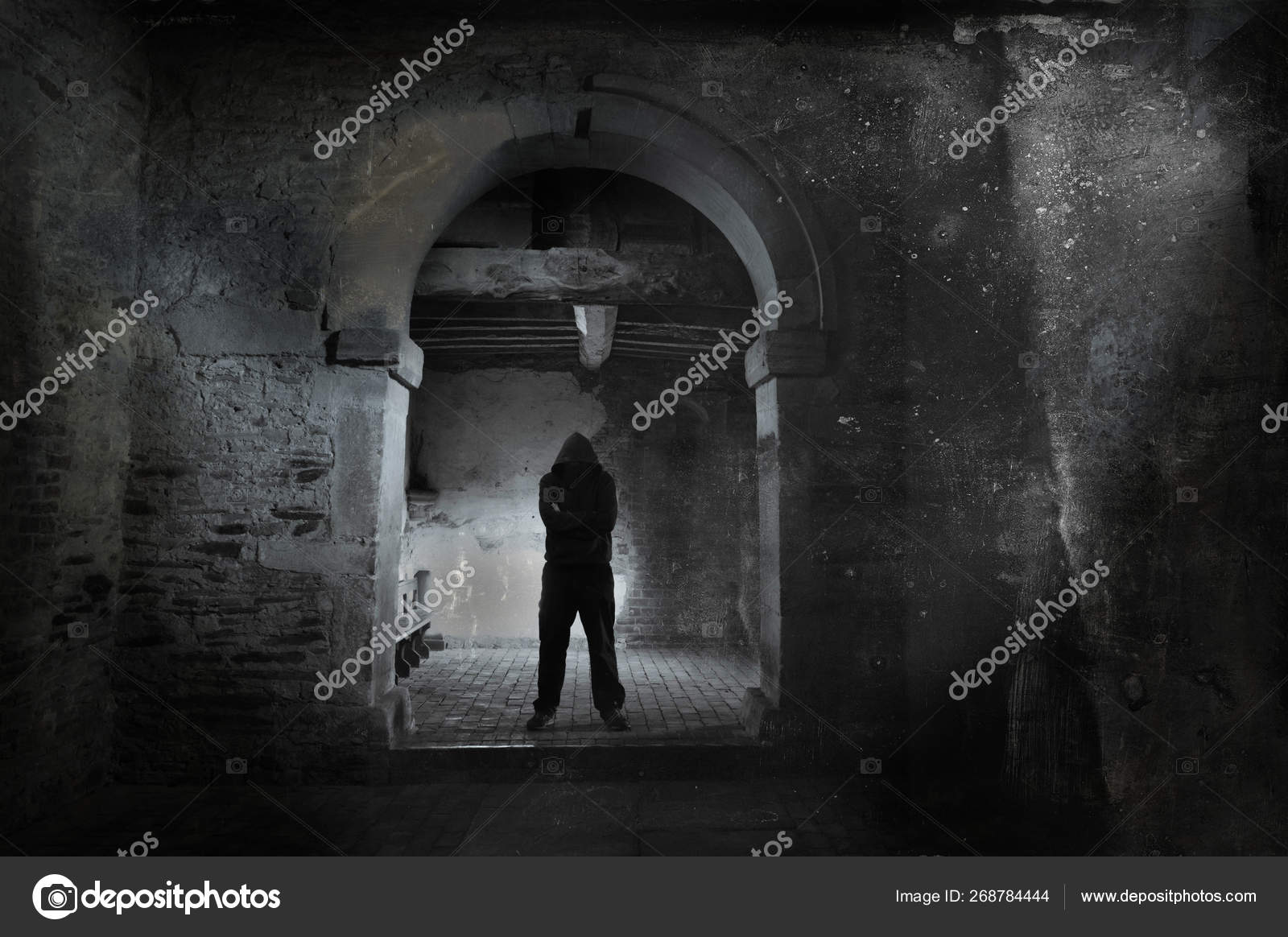 Spooky Hooded Figure Standing Archway Ancient Ruined Chapel Vintage ...
