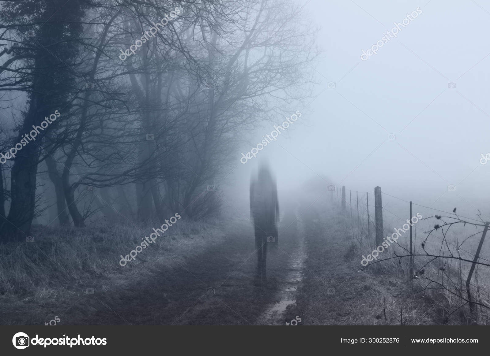 Ghostly Woman Walking Country Path Spooky Misty Winters Day Cold ...