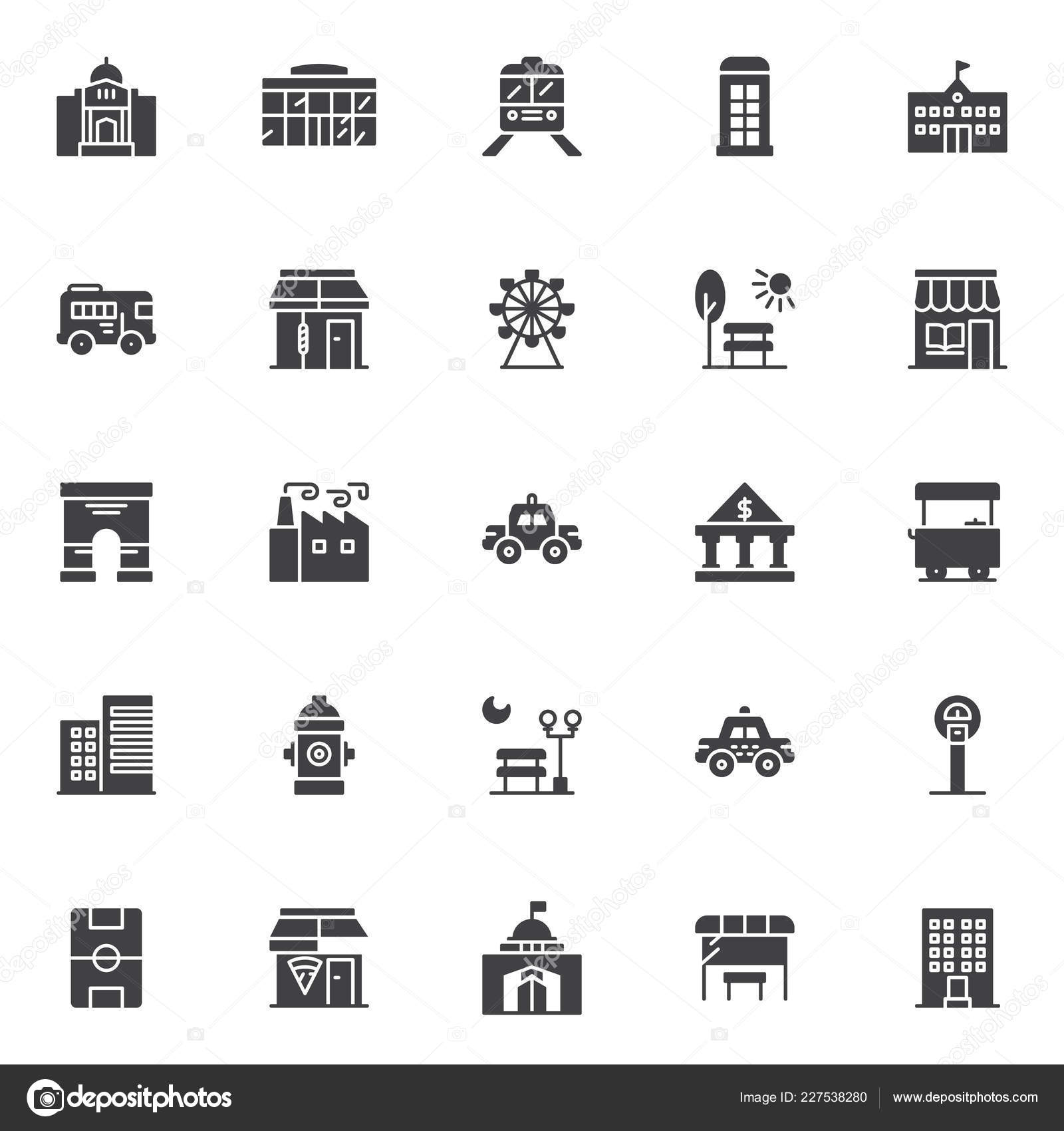Urban Buildings Vector Icons Set Modern Solid Symbol Collection Filled ...