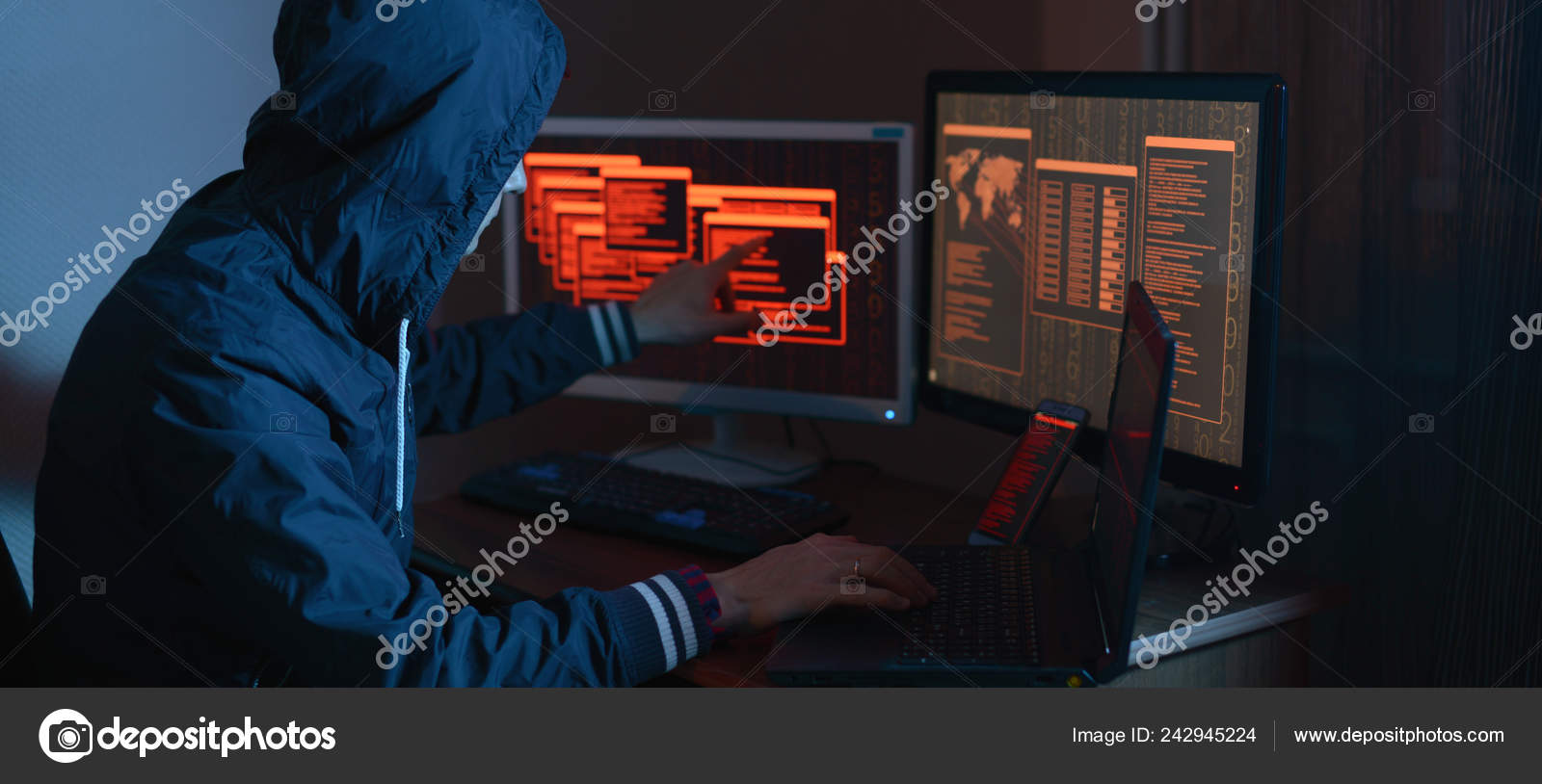 Male Hacker Hood Pointing His Finger Display Indicating Location ...