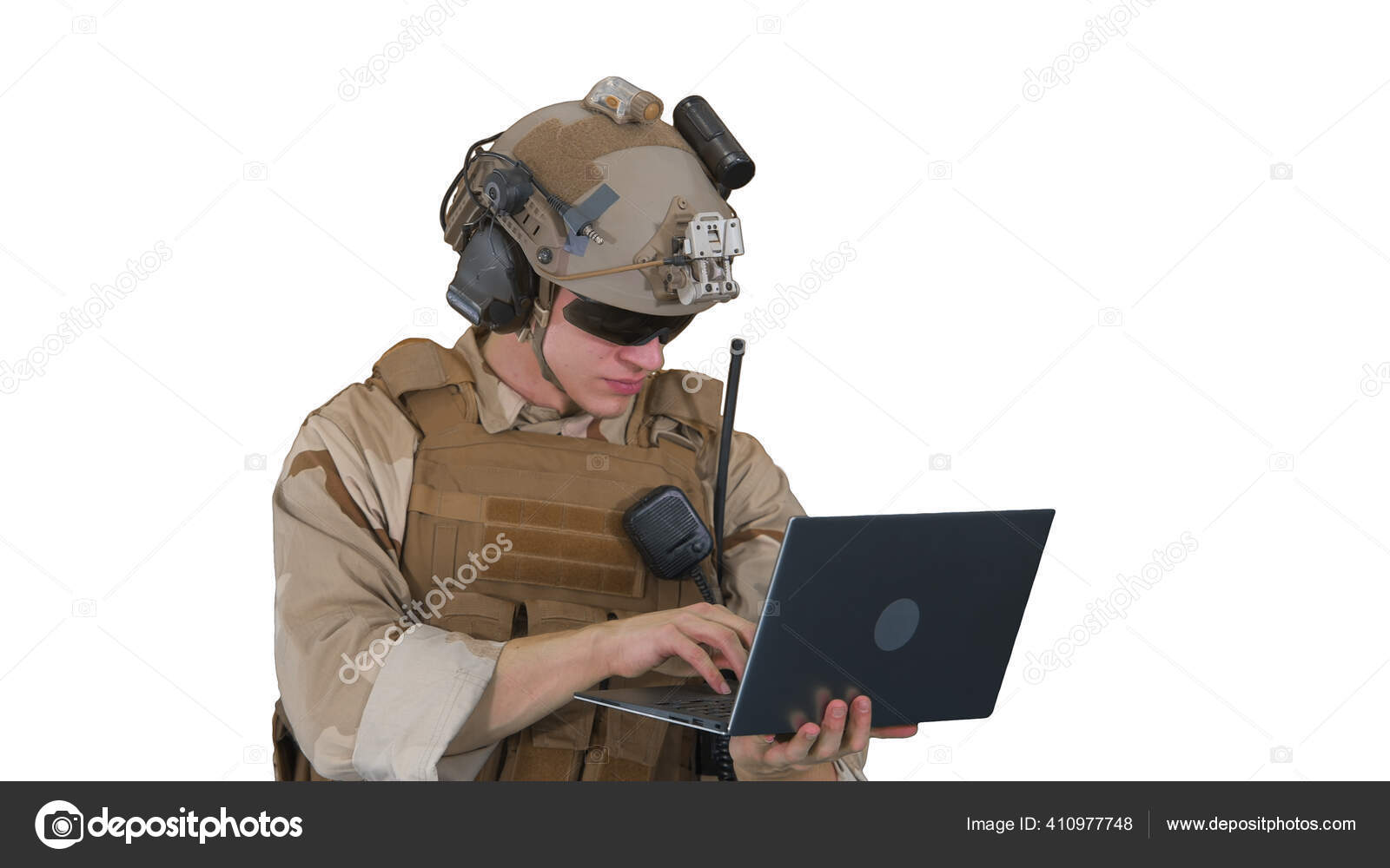 Marine standing and using laptop on white background. — Stock Photo ...