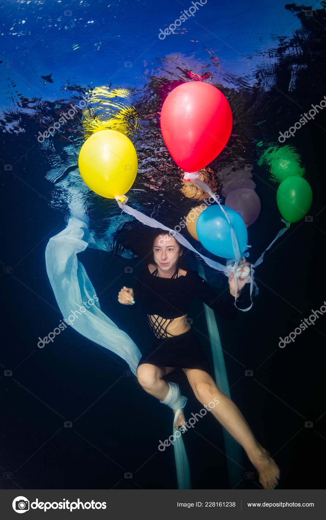 Young Graceful Woman Fly Air Balloons Underwater — Stock Photo ...
