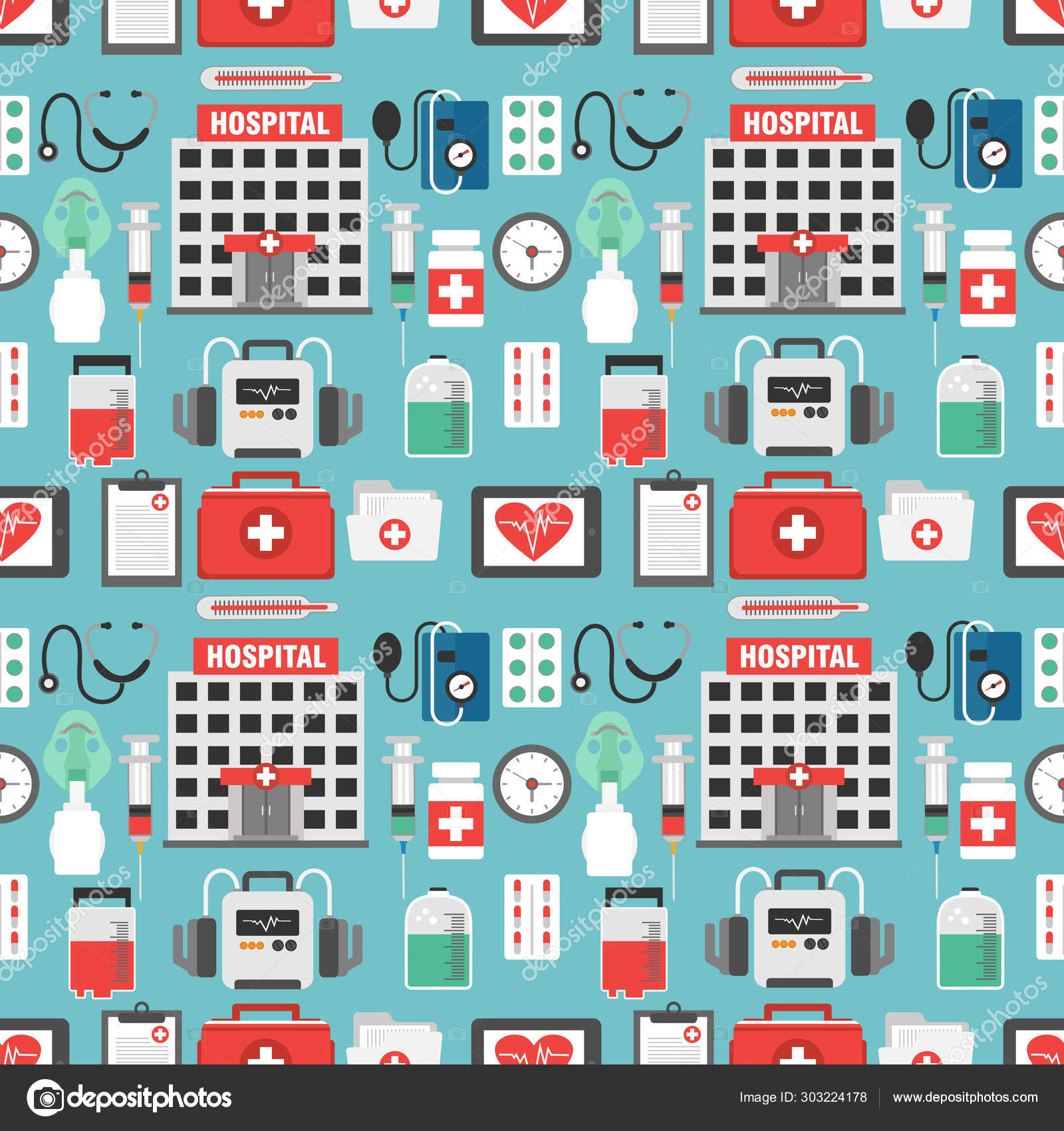 Healthcare seamless flat design set with Hospital Stock Vector by ...