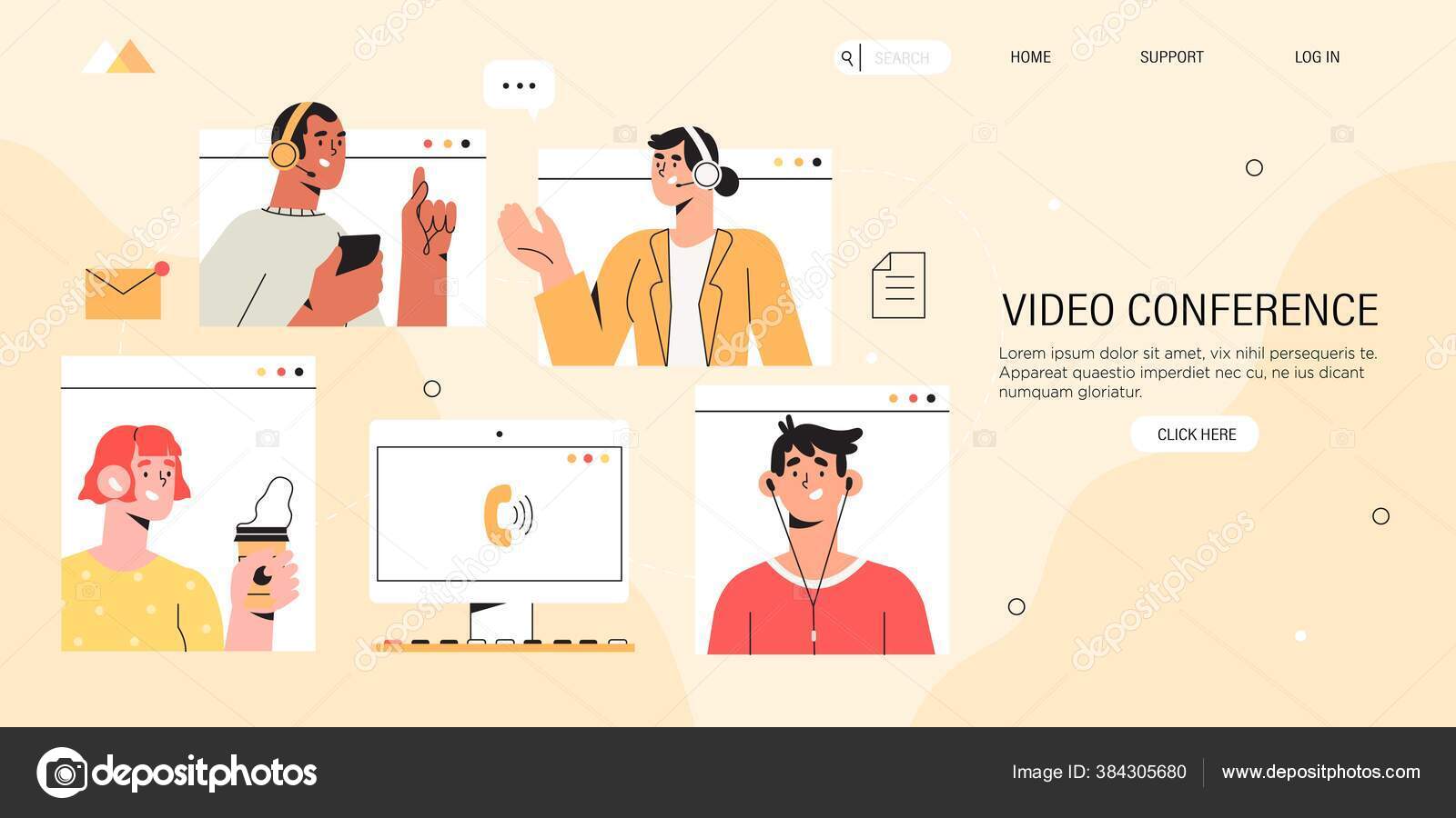 Video Conference Call Landing Page Banner People Computer Screen Taking ...