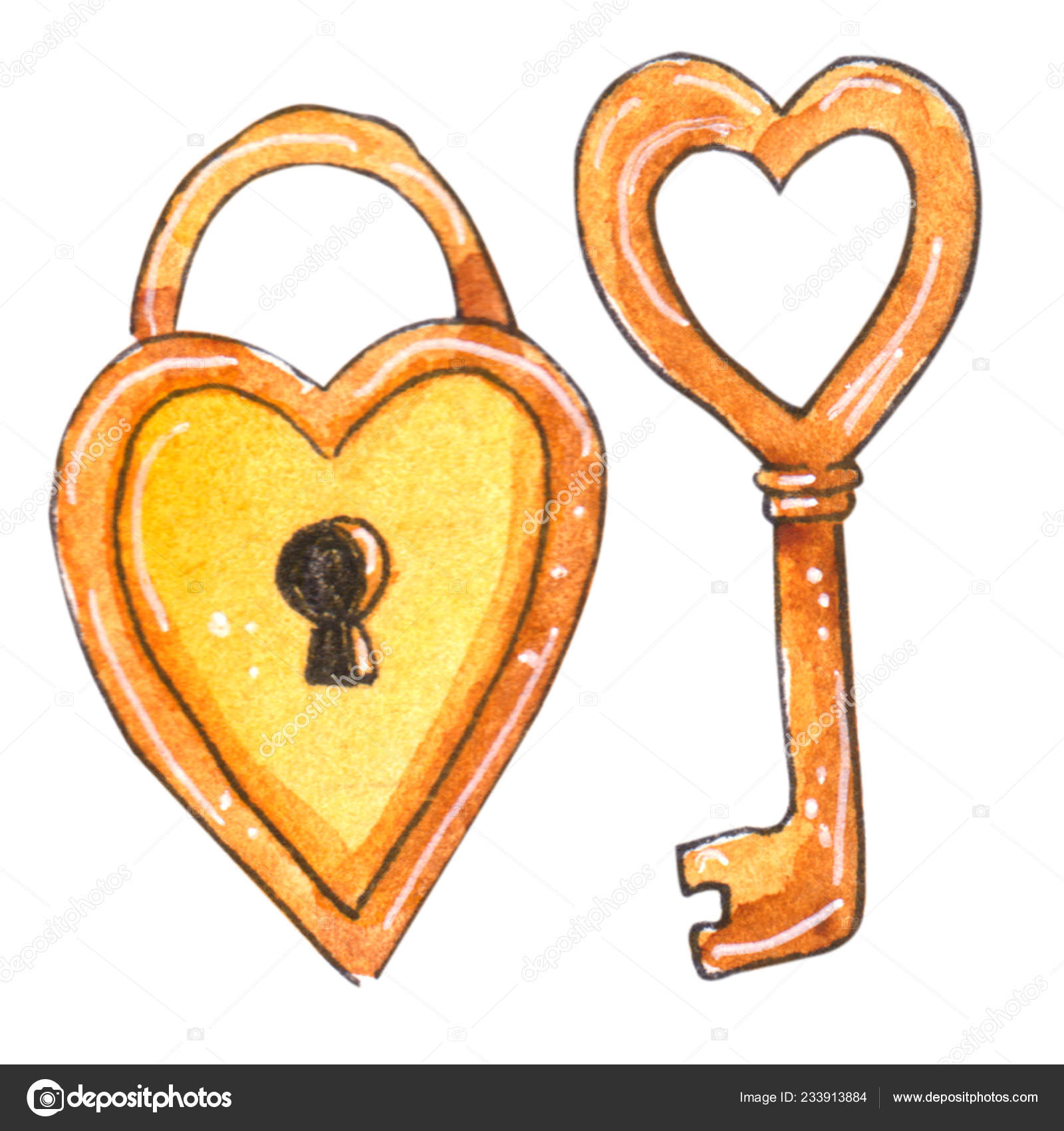 Watercolor key and lock isolated on white background. Stock ...