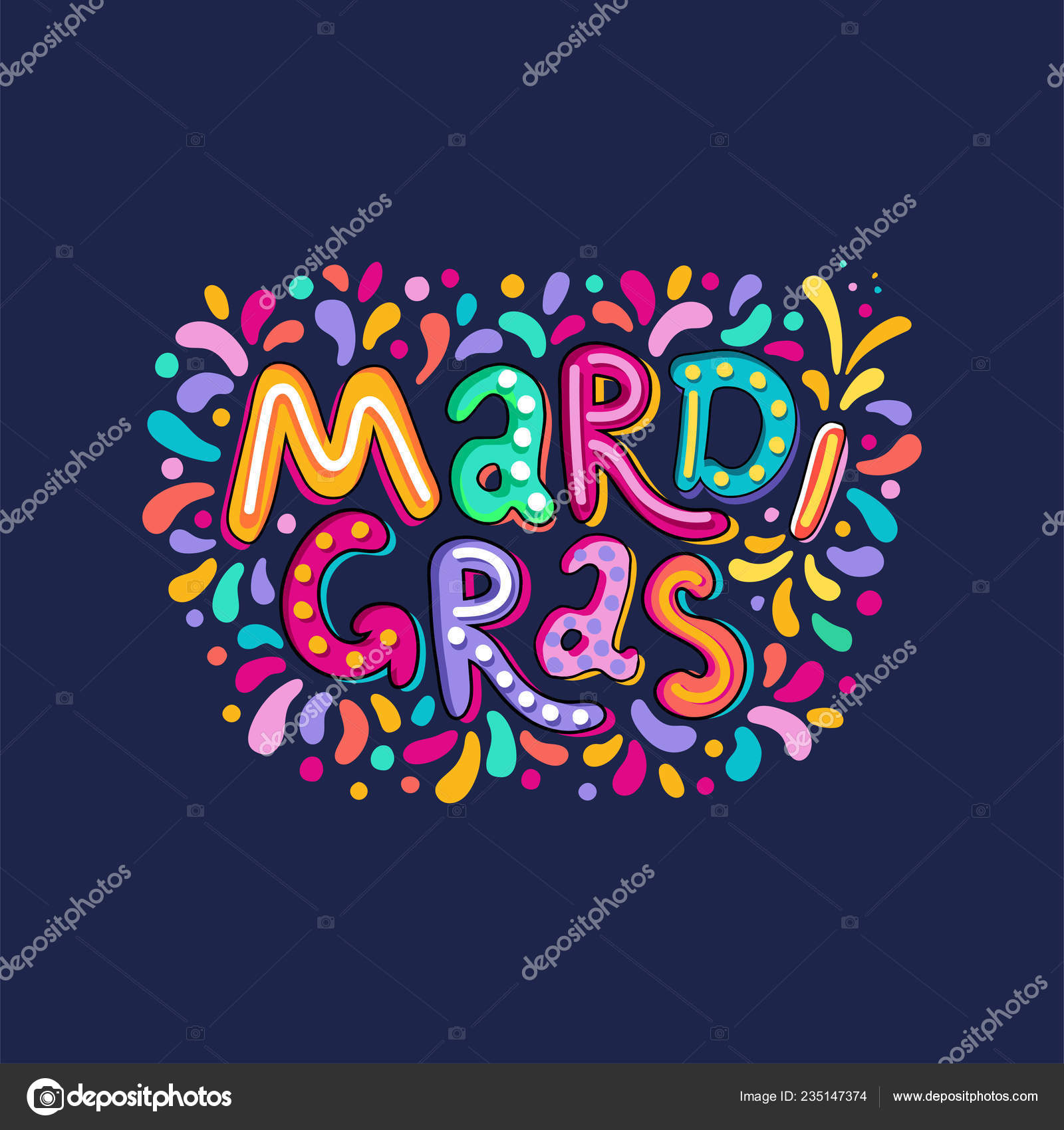 Hand Drawn Mardi Gras Text Lettering Festive Badge Logo Masquerade ...