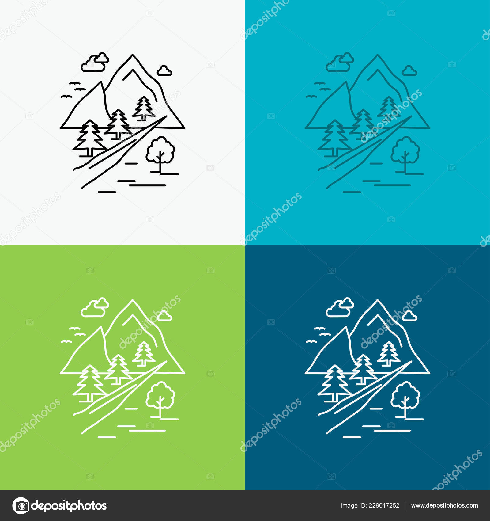 Rocks Tree Hill Mountain Nature Icon Various Background Line Style ...