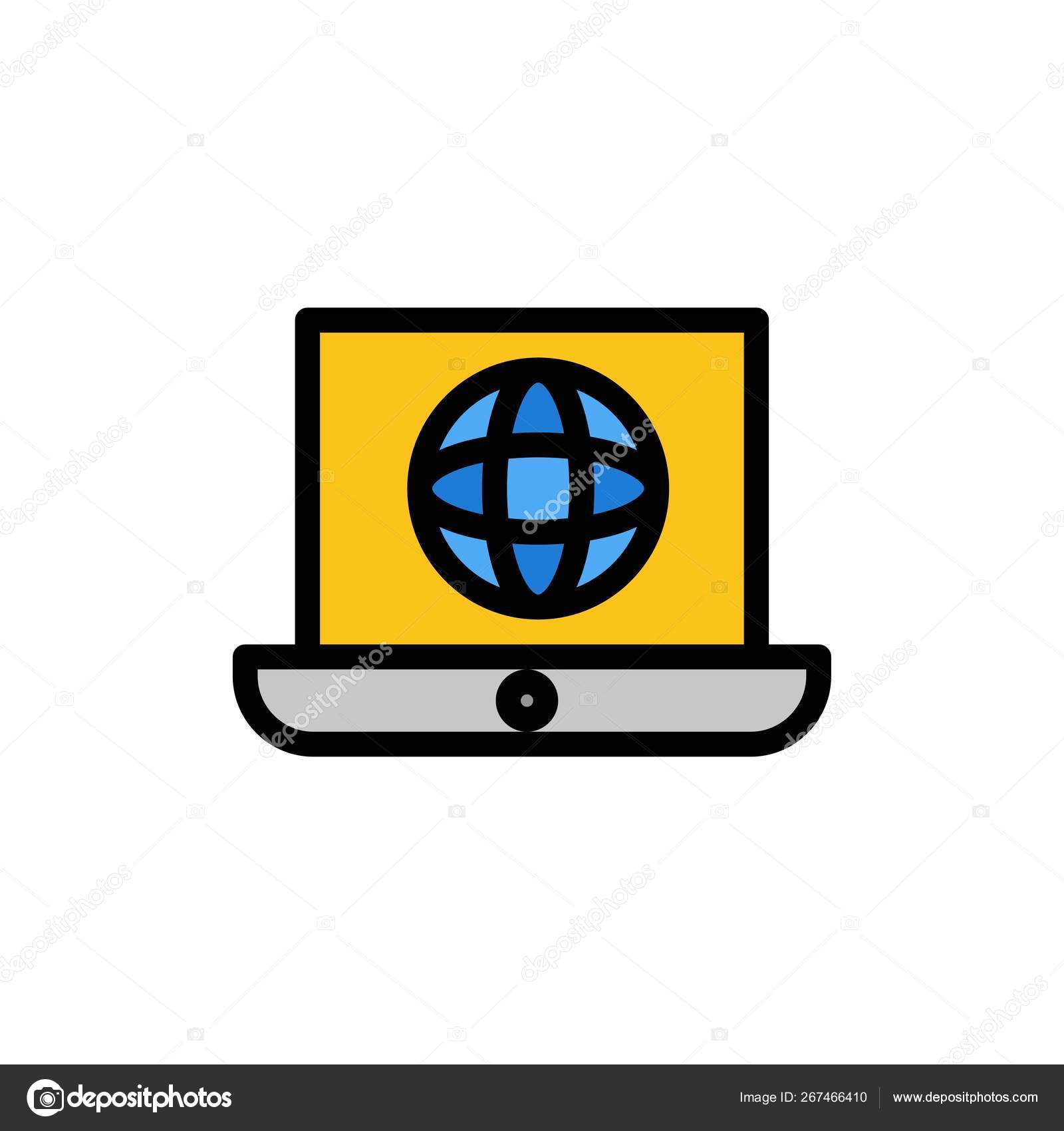 Laptop, World, Globe, Technical Flat Color Icon. Vector icon ba Stock ...