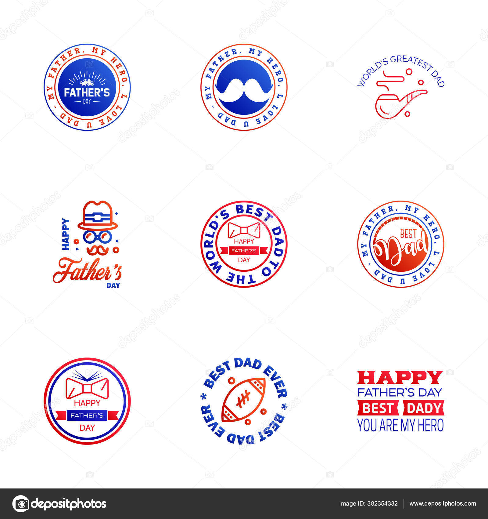 Happy Fathers Day Greeting Hand Lettering Badges Blue Red Typo Stock ...