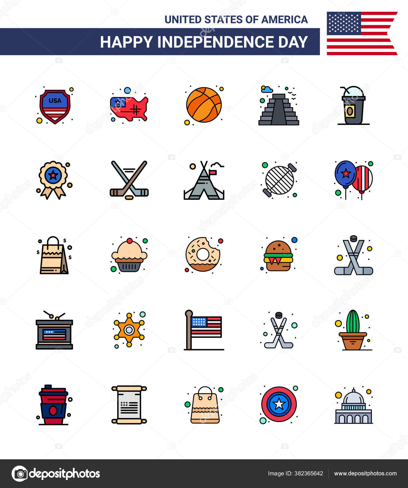 Happy Independence Day Pack Flat Filled Lines Signs Symbols American ...