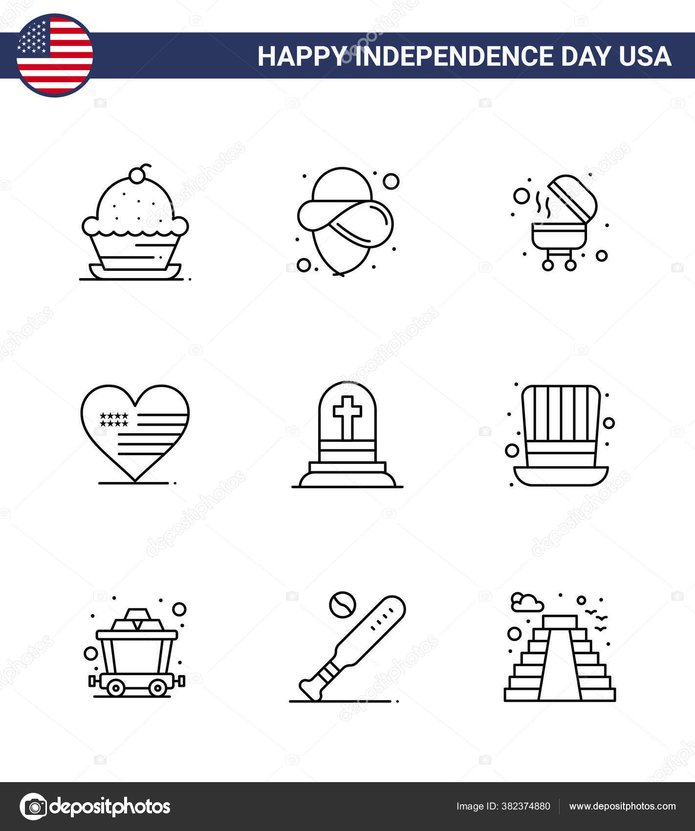 Usa Independence Day Line Set Usa Pictograms Gravestone Death Barbecue ...