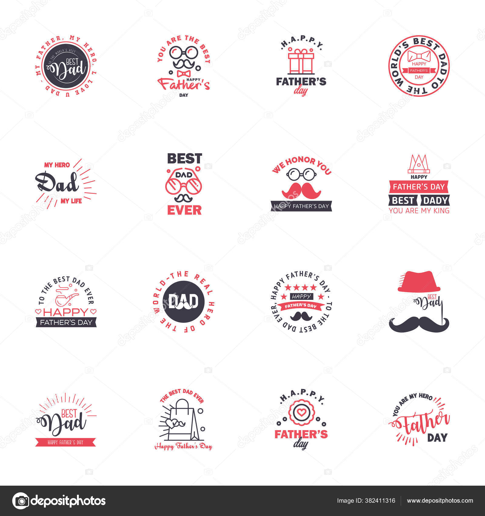 Happy Fathers Day Greeting Hand Lettering Badges Black Pink Typo Stock ...