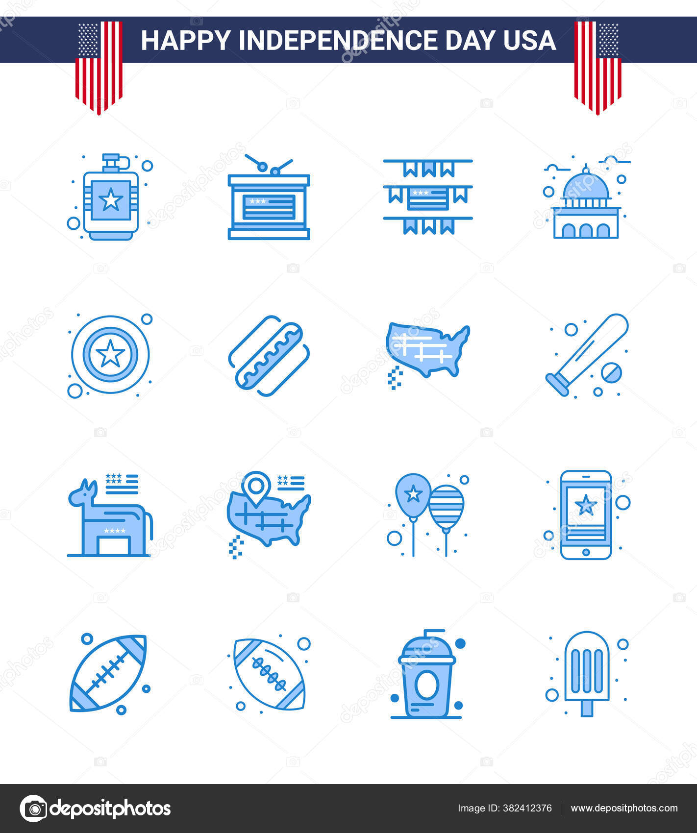 Pack Usa Independence Day Celebration Blues Signs 4Th July Symbols ...