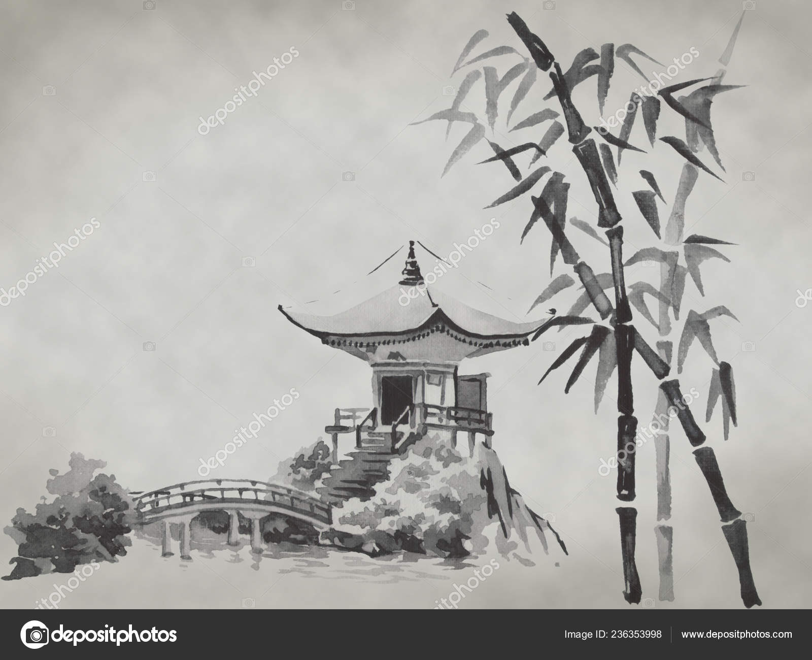 Japan traditional sumi-e painting. Watercolor and ink illustration in ...