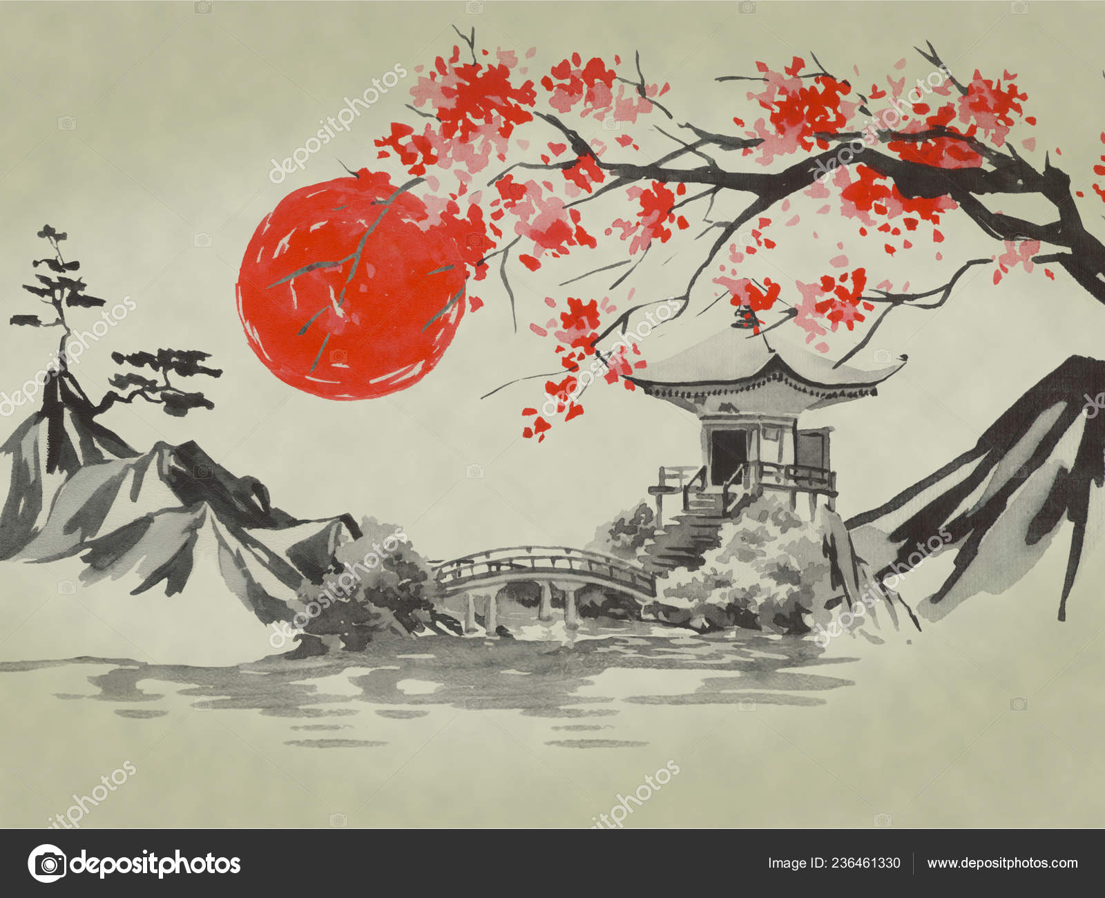 Japan traditional sumi-e painting. Watercolor and ink illustration in ...
