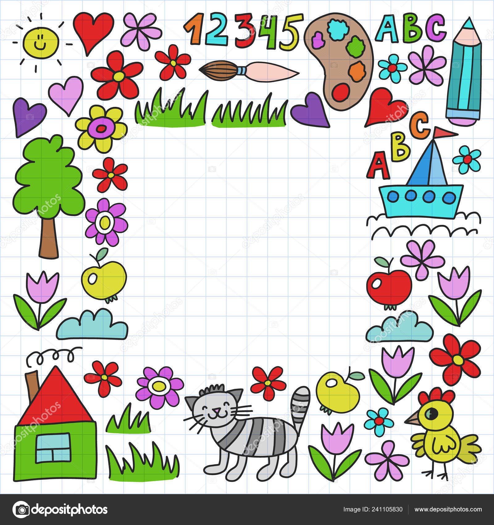 Kindergarten pattern, drawn kids garden elements pattern, doodle ... Kindergarten pattern, drawn kids garden elements pattern, doodle ...