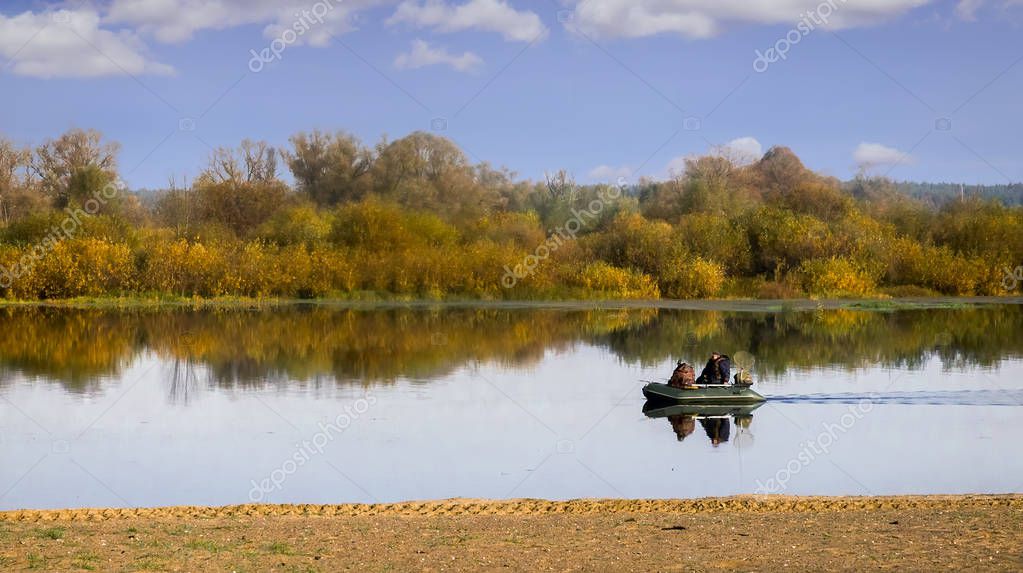 River Banks Which Grow Trees Covered Yellow Leaves Floating Boat ...