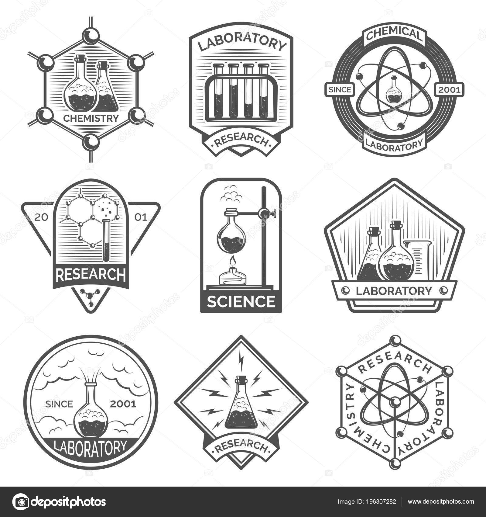 Set of monochrome laboratory research elements with flasks, tubes and ...