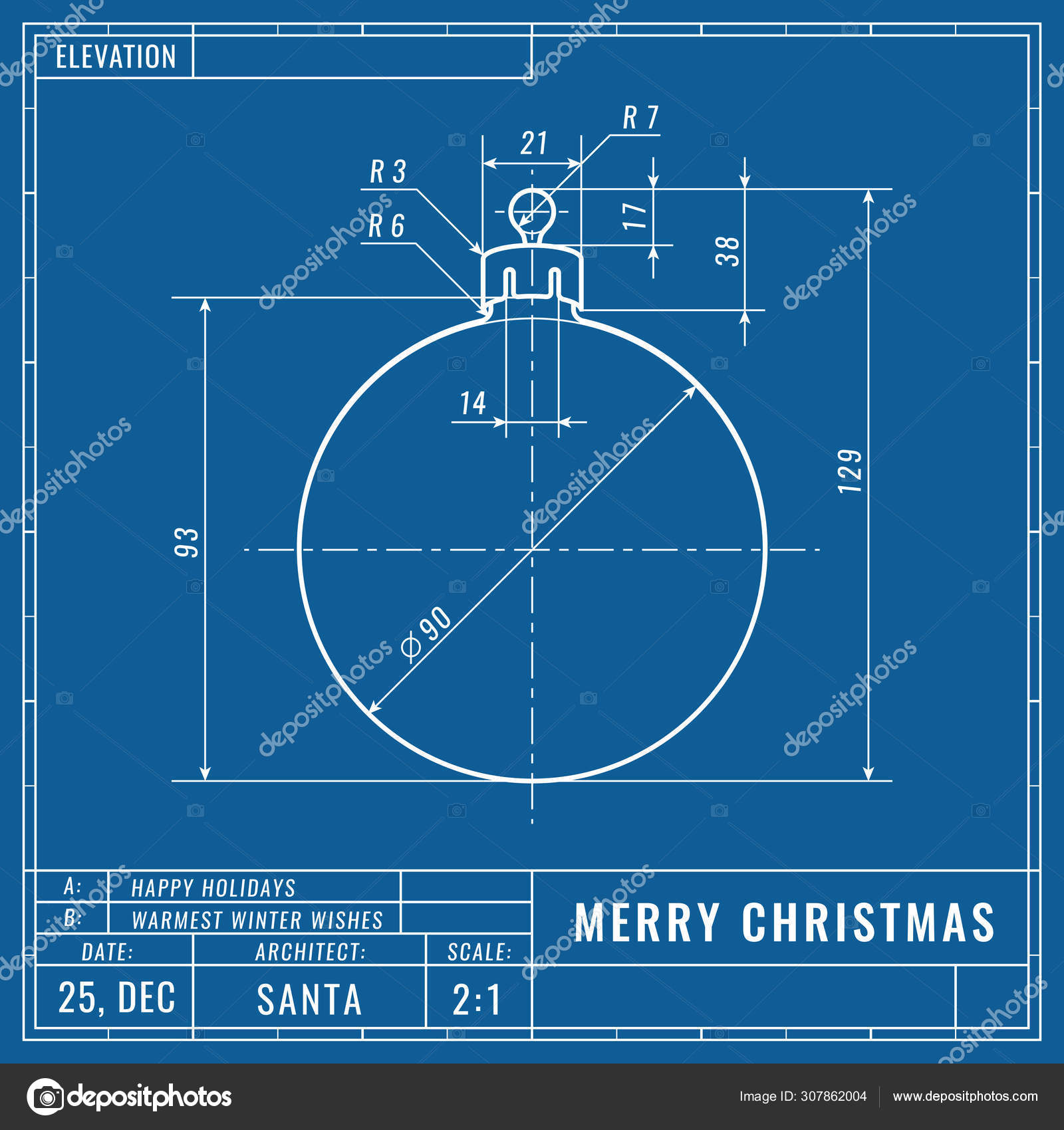 Christmas ball as technical blueprint drawing. Christmas technical ...