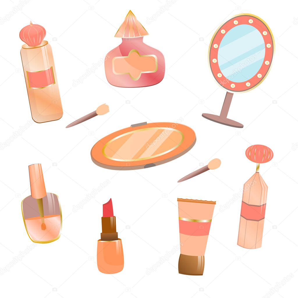 Conjunto de cosméticos en estilo de dibujos animados. Un espejo y una ...