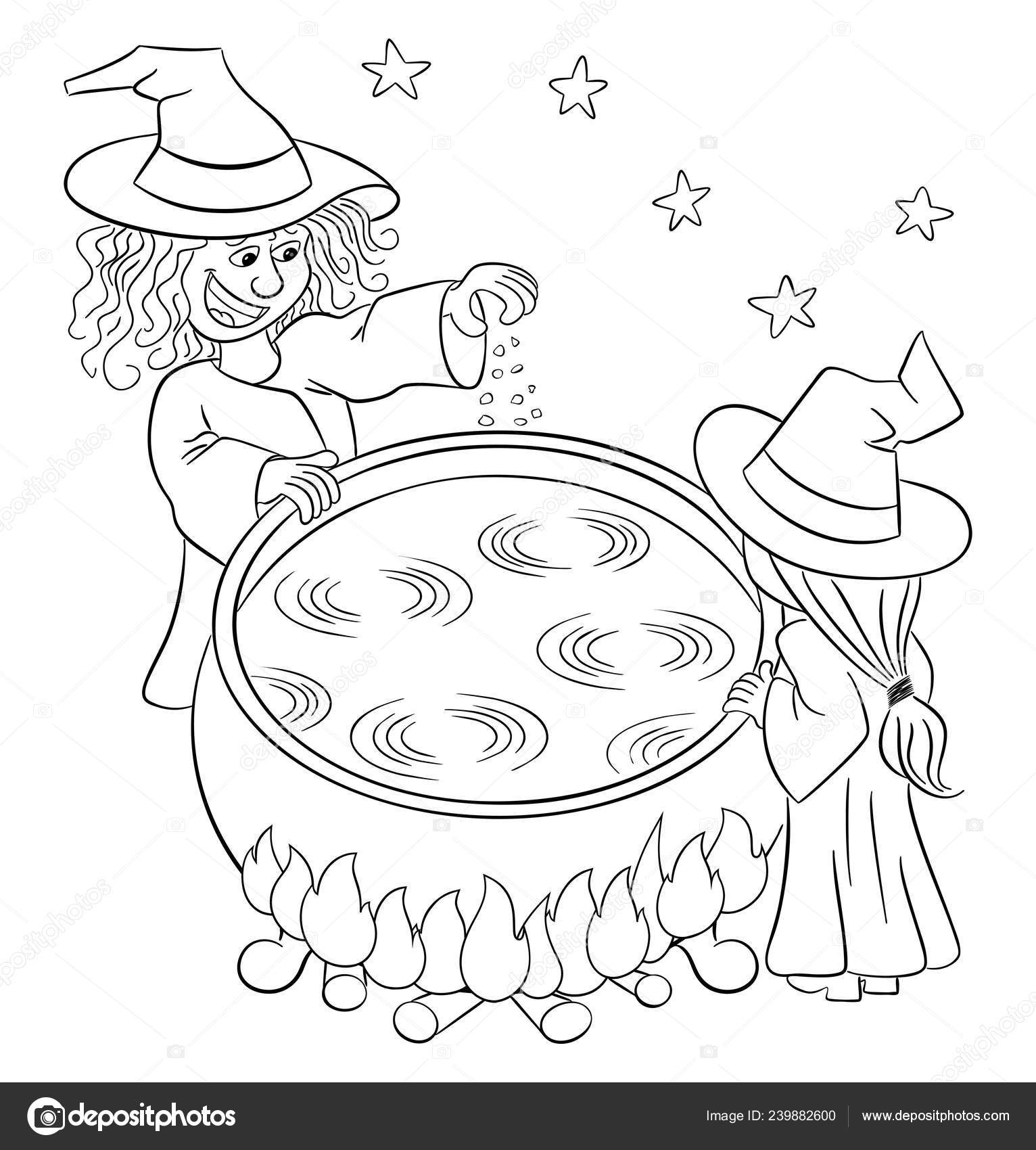 Vector Illustration Two Witches Cooking Magic Potion Cauldron Stock ...