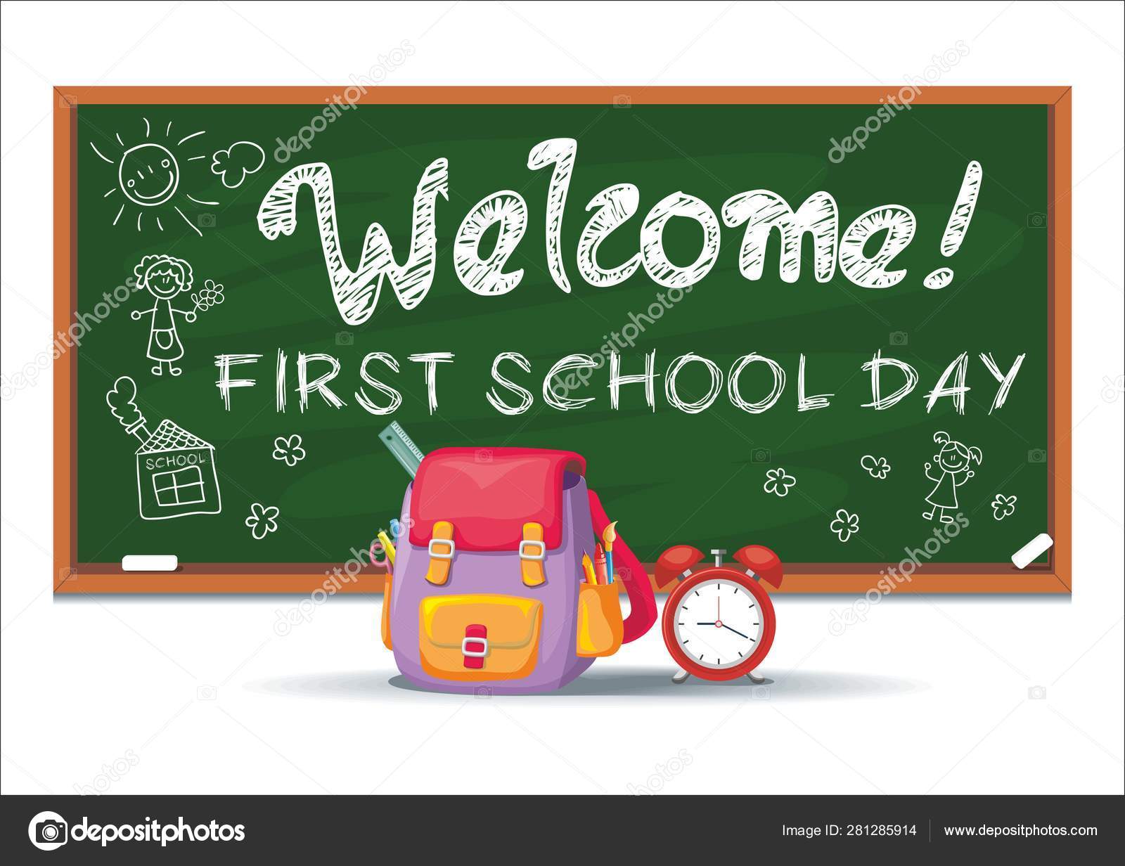 Invitation to school. Drawing with chalk on the blackboard "Welcome ...