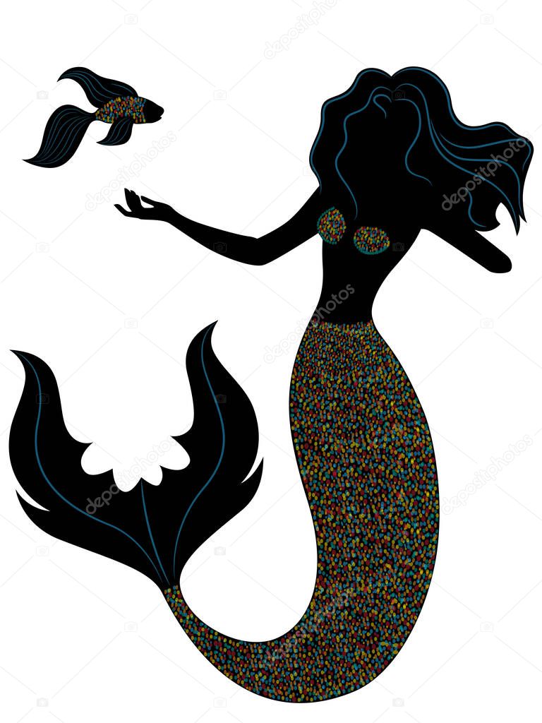 Sirena con escamas largas cola de pescado y peces, ilustración vector ...