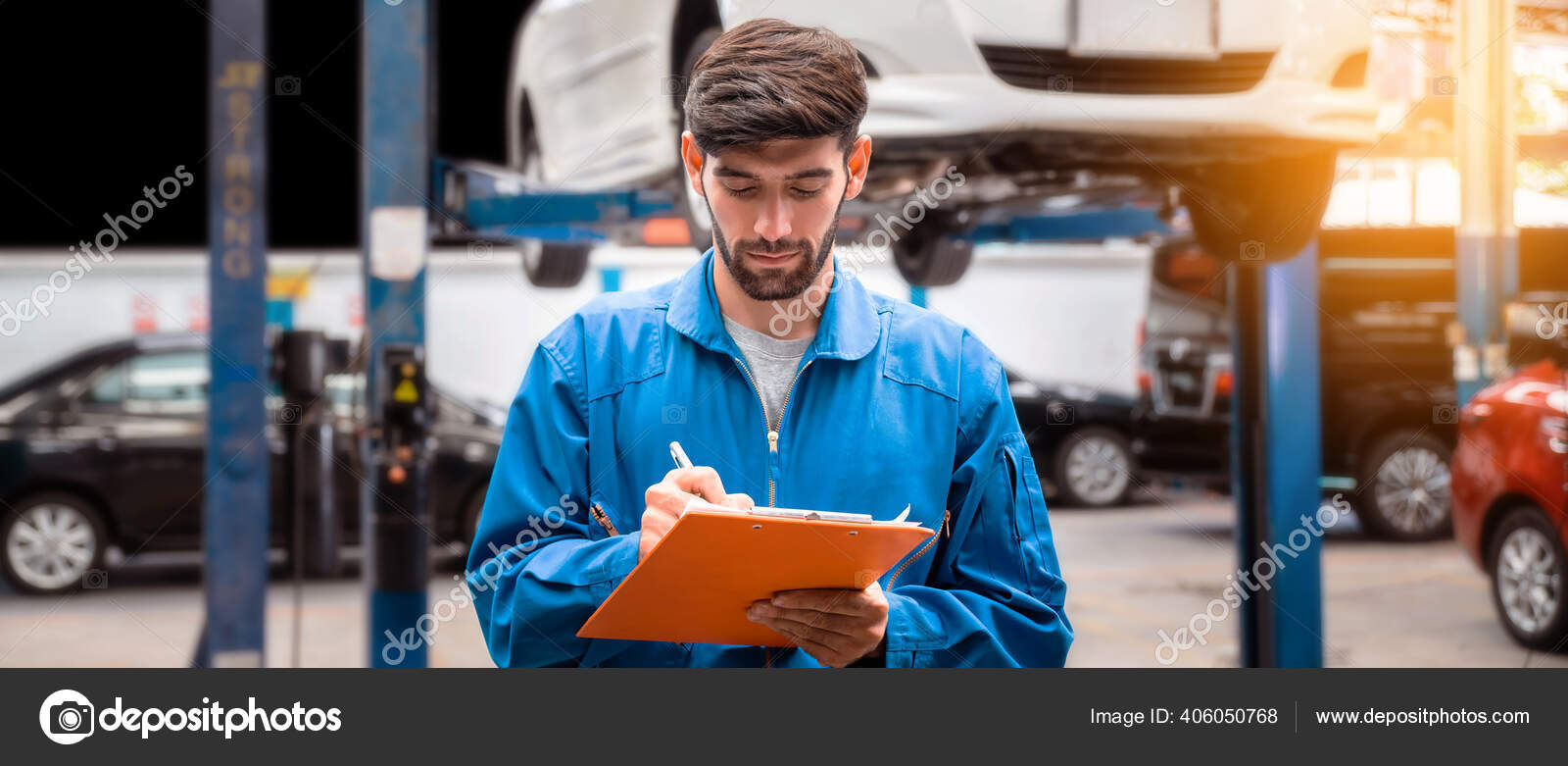 Mechanic Blue Work Wear Uniform Checks Vehicle Maintenance Checklist ...