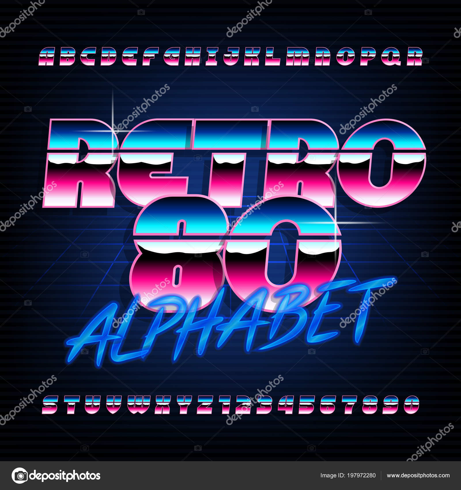 80'S Retro Alphabet Font Metallic Effect Oblique Letters Numbers Stock ...