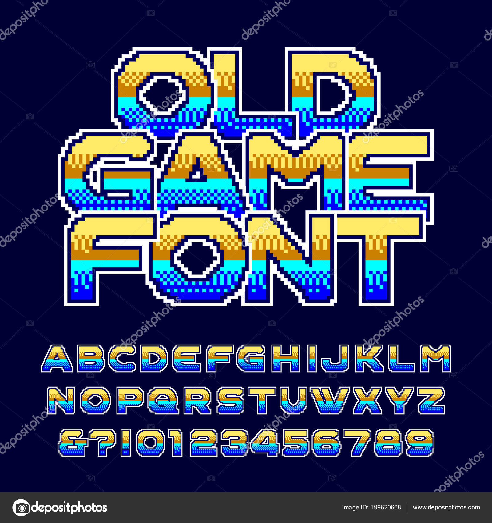 Old Game Alphabet Font Pixel Gradient Letters Numbers 80'S Arcade Stock ...