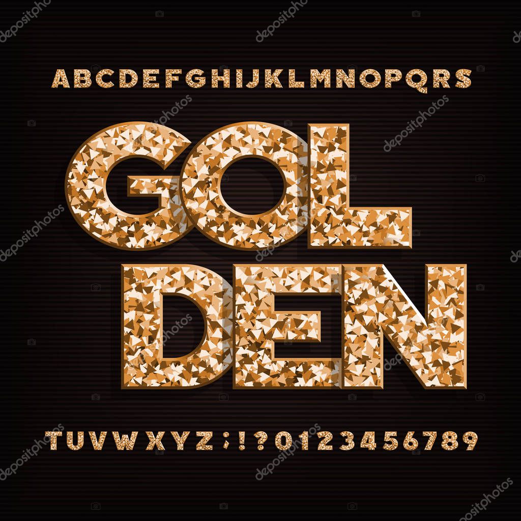 Fuente Golden Alphabet. Letras de brillo de metal, números y símbolos ...