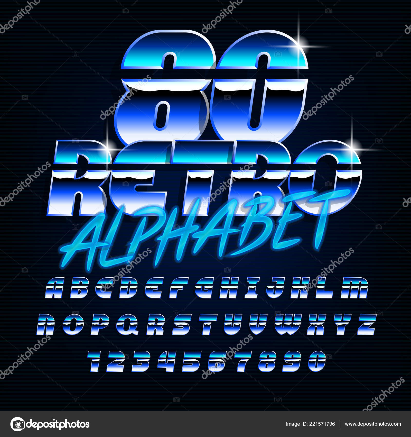 80S Retro Alphabet Font Uppercase Shiny Letters Numbers Blue Colors ...
