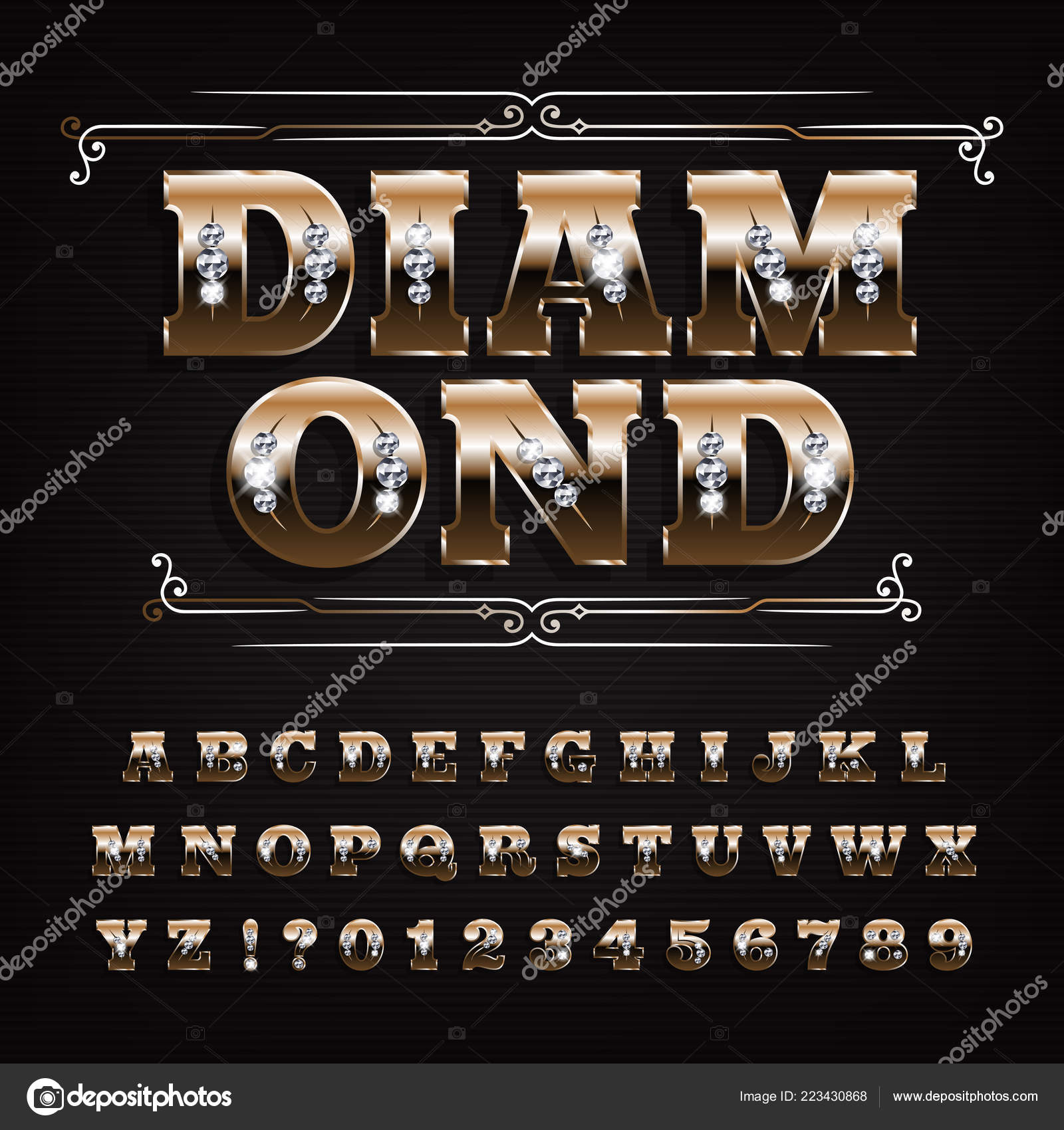 Diamond Alphabet Font Ornate Golden Letters Numbers Gemstones Stock ...