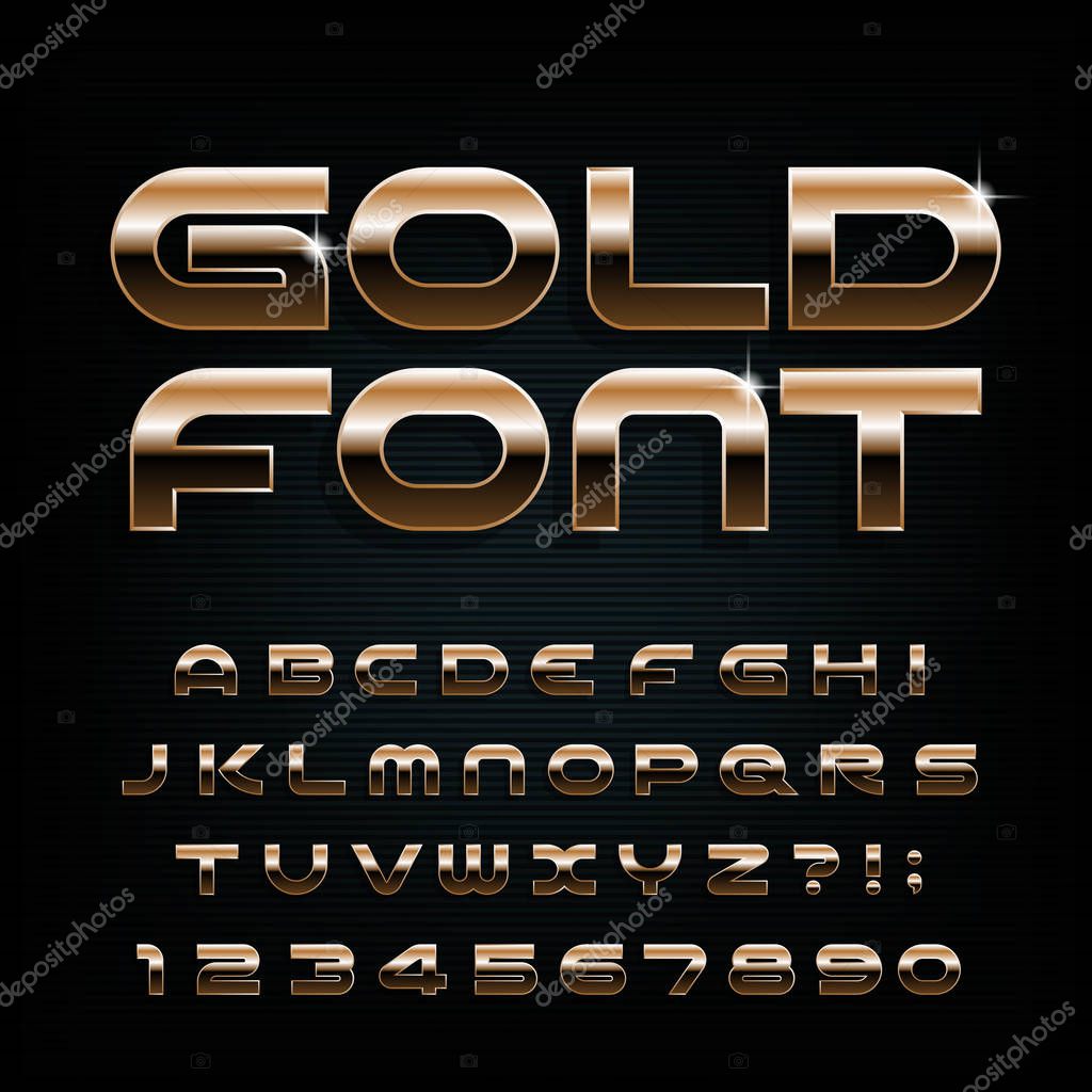 Fuente Gold Alphabet. Letras doradas modernas, números y símbolos. Tipo ...
