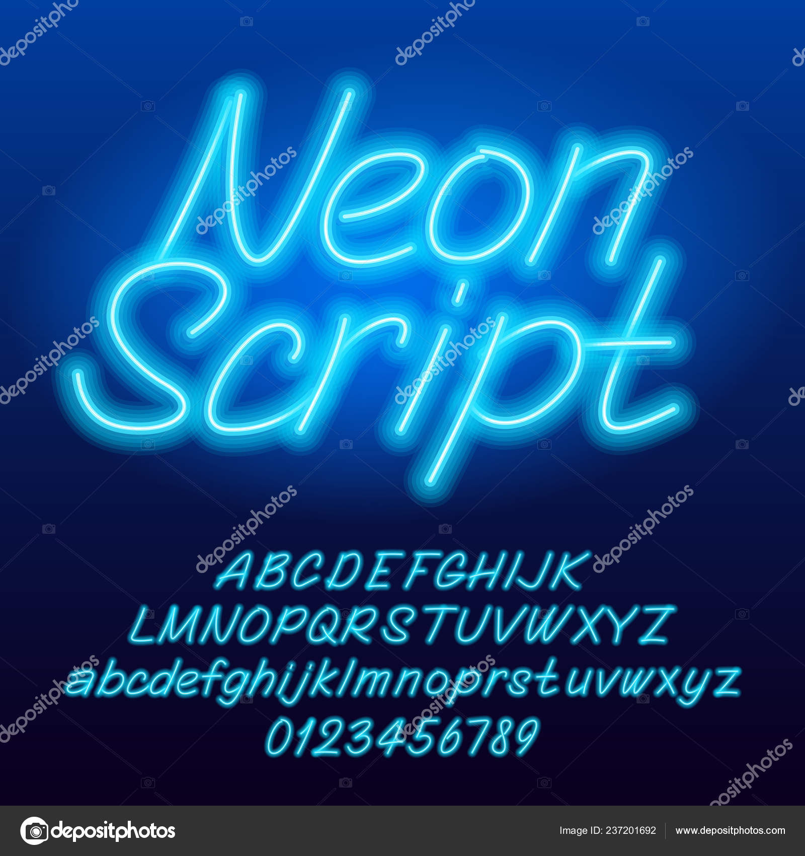Neon Script Alphabet Font Blue Color Lowercase Uppercase Shiny Letters ...