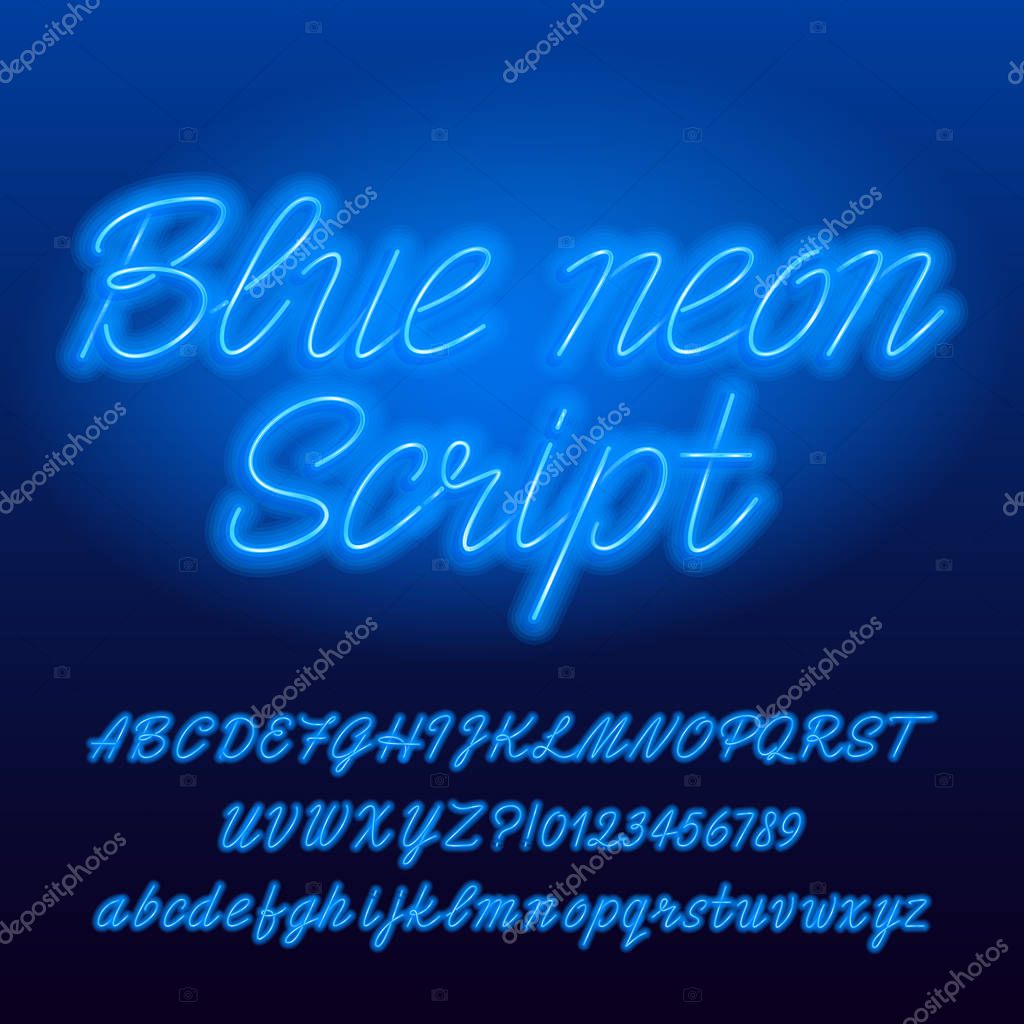 Neon script alfabeto fuente. Color azul letras y números brillantes ...