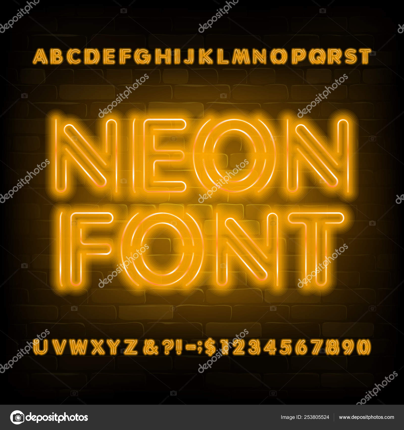 Yellow Neon Alphabet Font Wide Light Bulb Capital Letters Numbers Stock ...