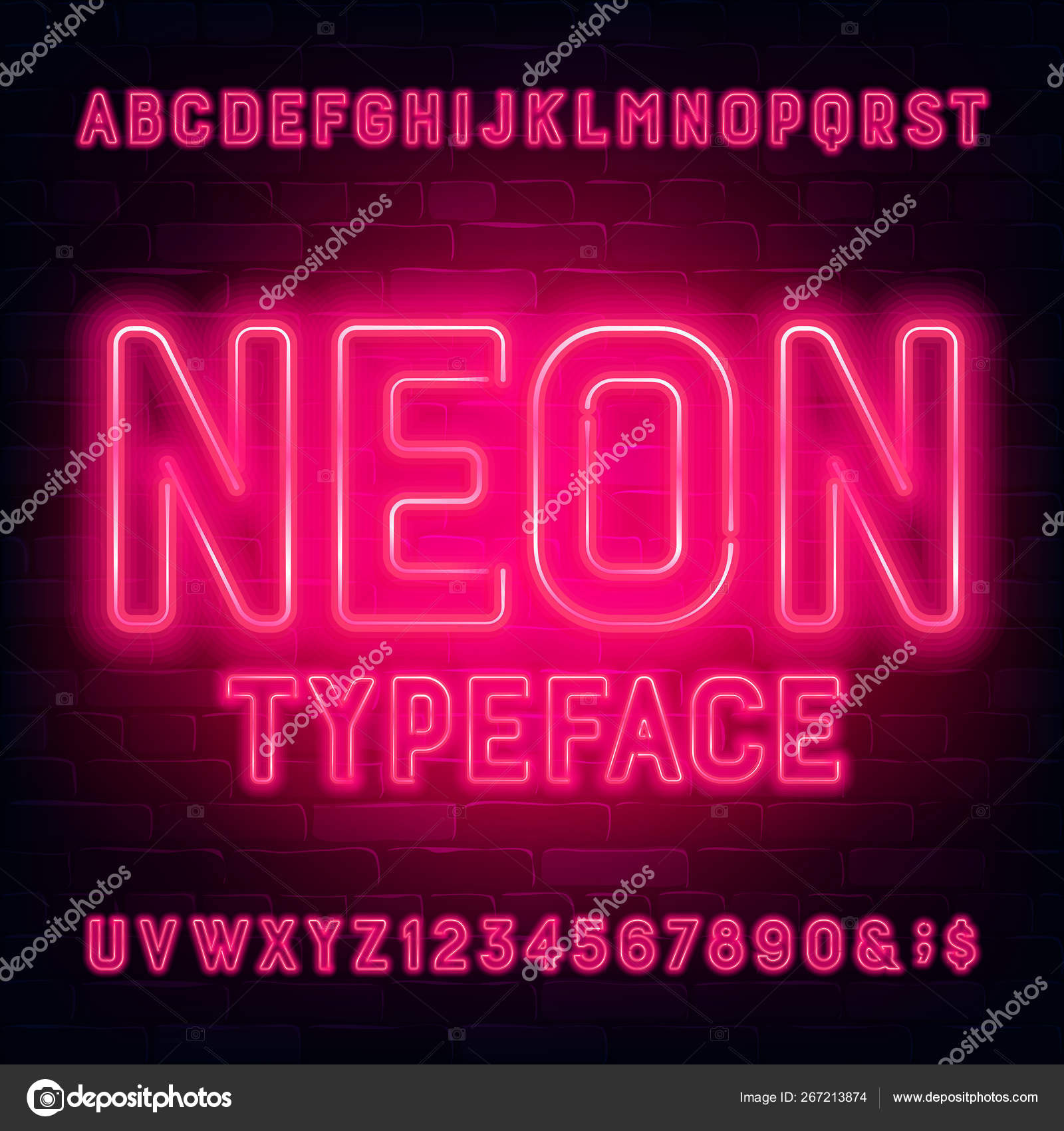 Neon Alphabet Font Red Light Bulb Letters Numbers Brick Wall Stock ...