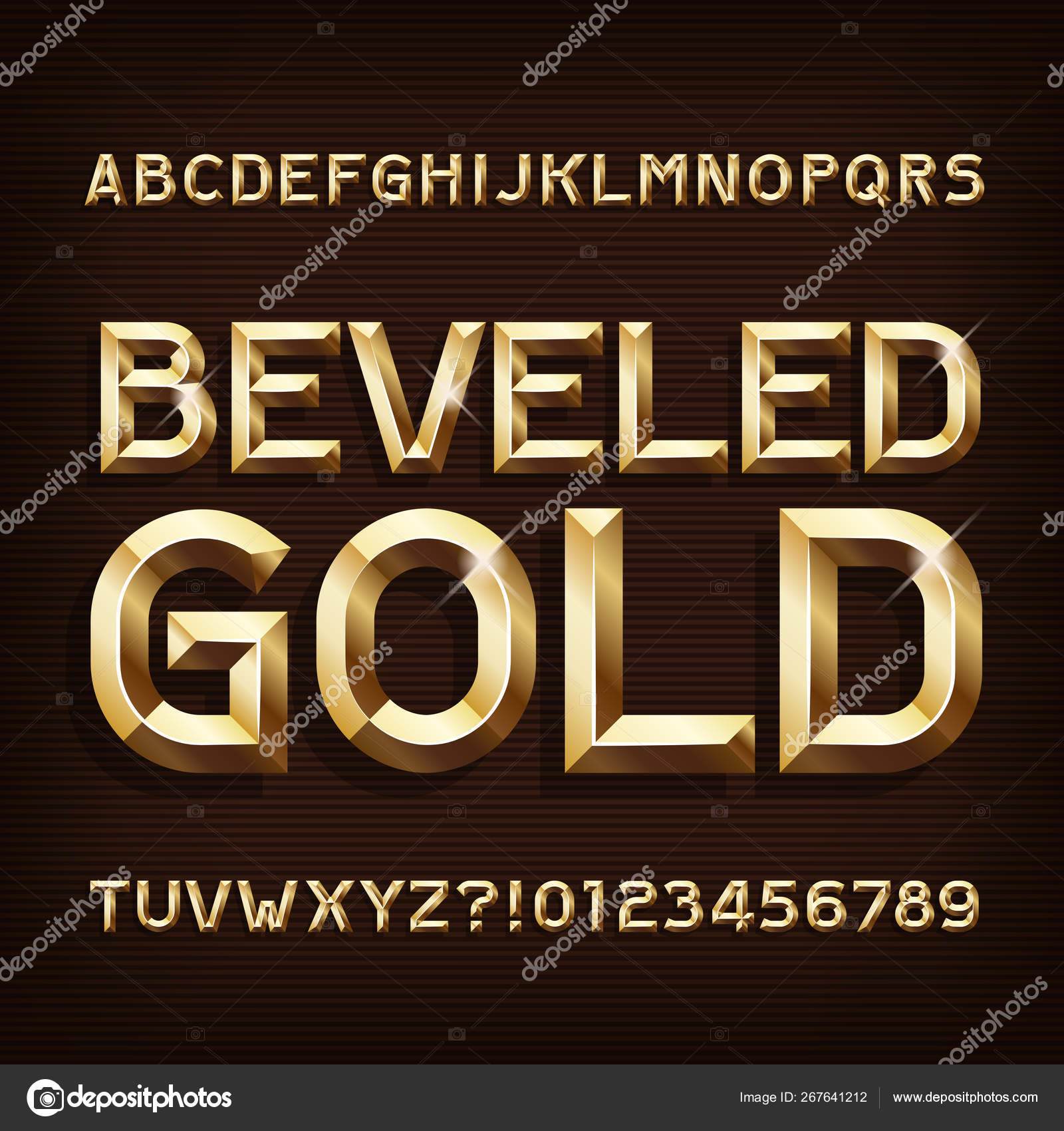 Beveled Gold Alphabet Font Gold Letters Numbers Stock Vector Typeface ...