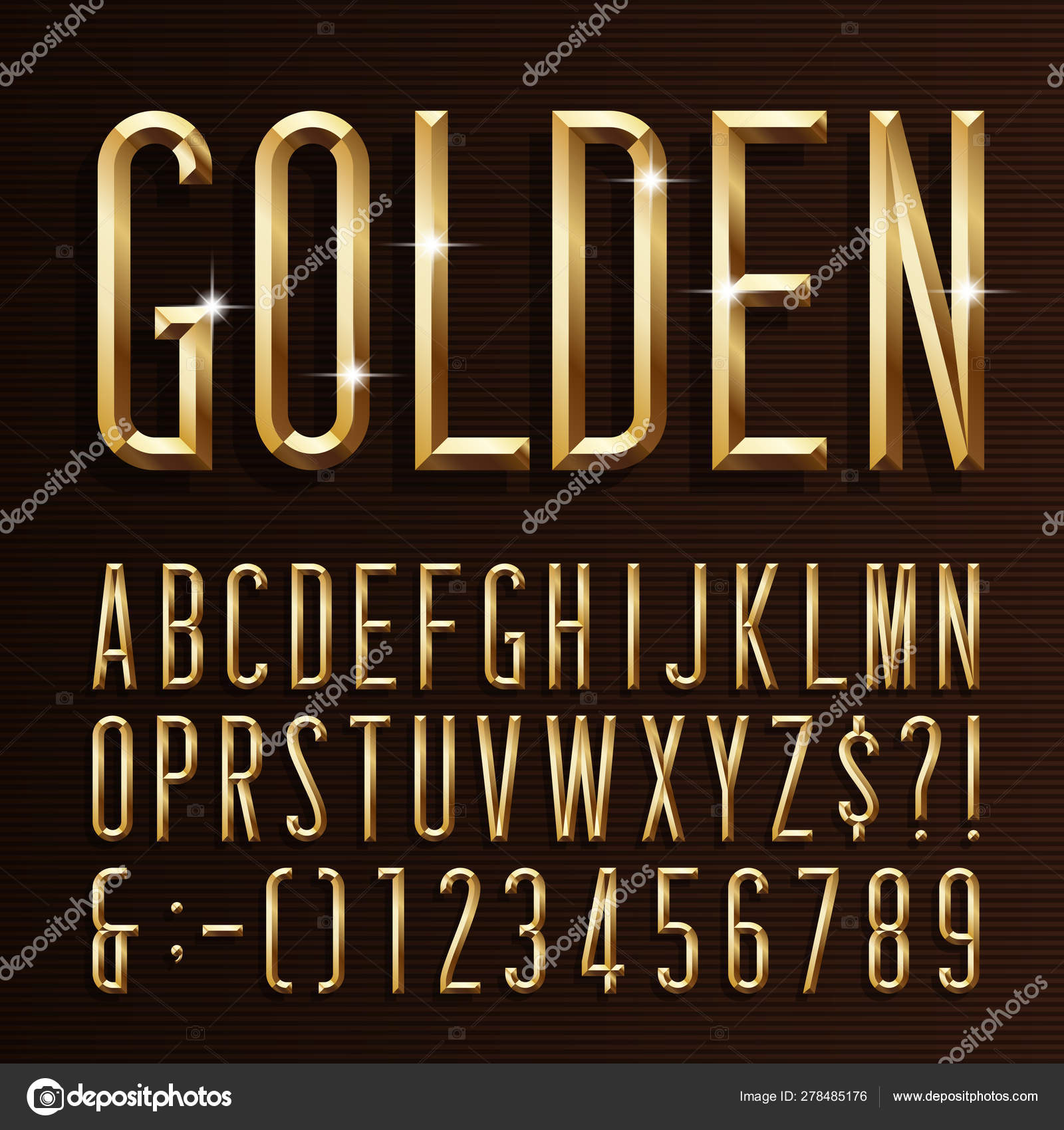 Gold Alphabet Narrow Font Chanfrado Letras Efeito Ouro Números Símbolos ...