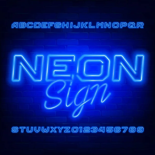 Blue Neon Alphabet Font Bright Neon Letters Numbers Brick Wall Stock ...